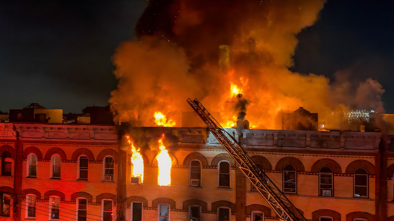 New York firefighters scramble to control a huge 4 building fire in Queens