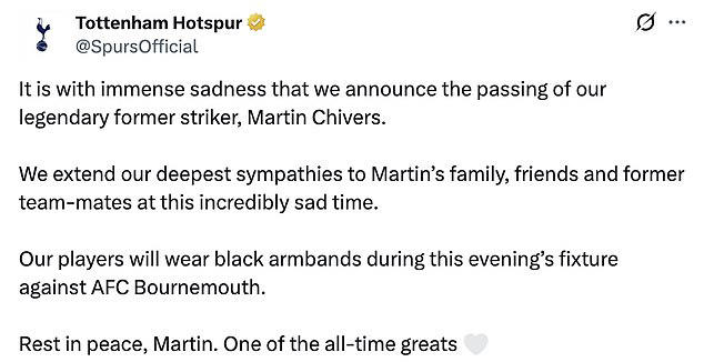 Martin Chivers dead at 80: Tottenham pay tribute as legendary former ...