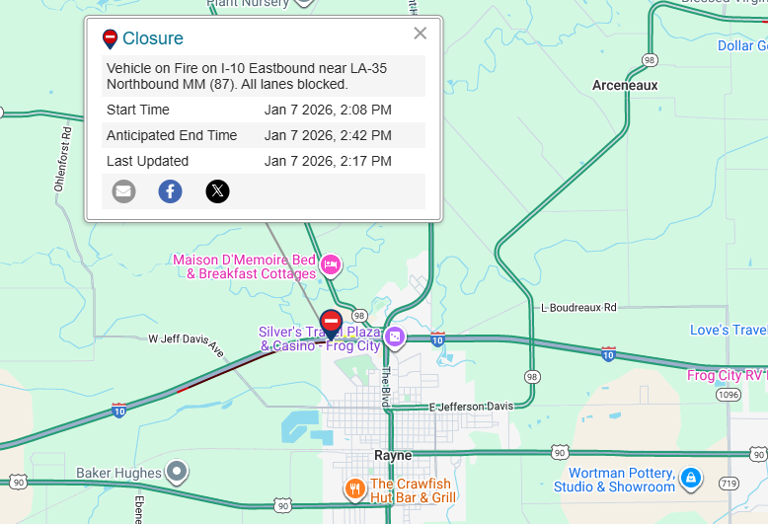 I-10 eastbound back open near Rayne exit after vehicle fire