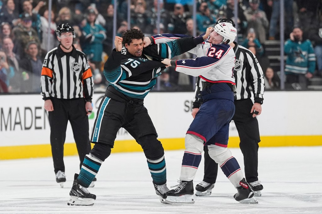 Sharks’ Ryan Reaves knocked down in haymaker-filled fight with Blue ...
