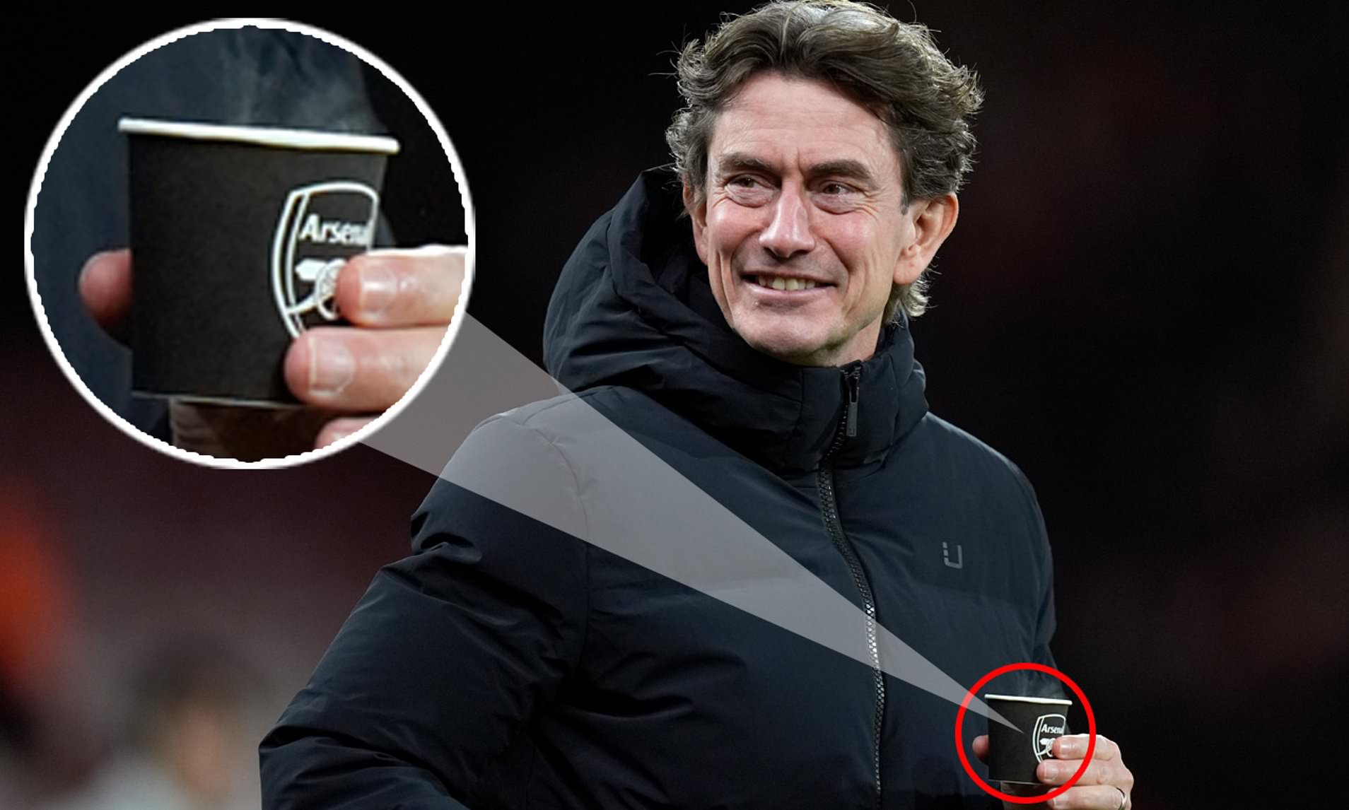 Embarrassing moment Spurs boss Thomas Frank is seen holding an Arsenal ...