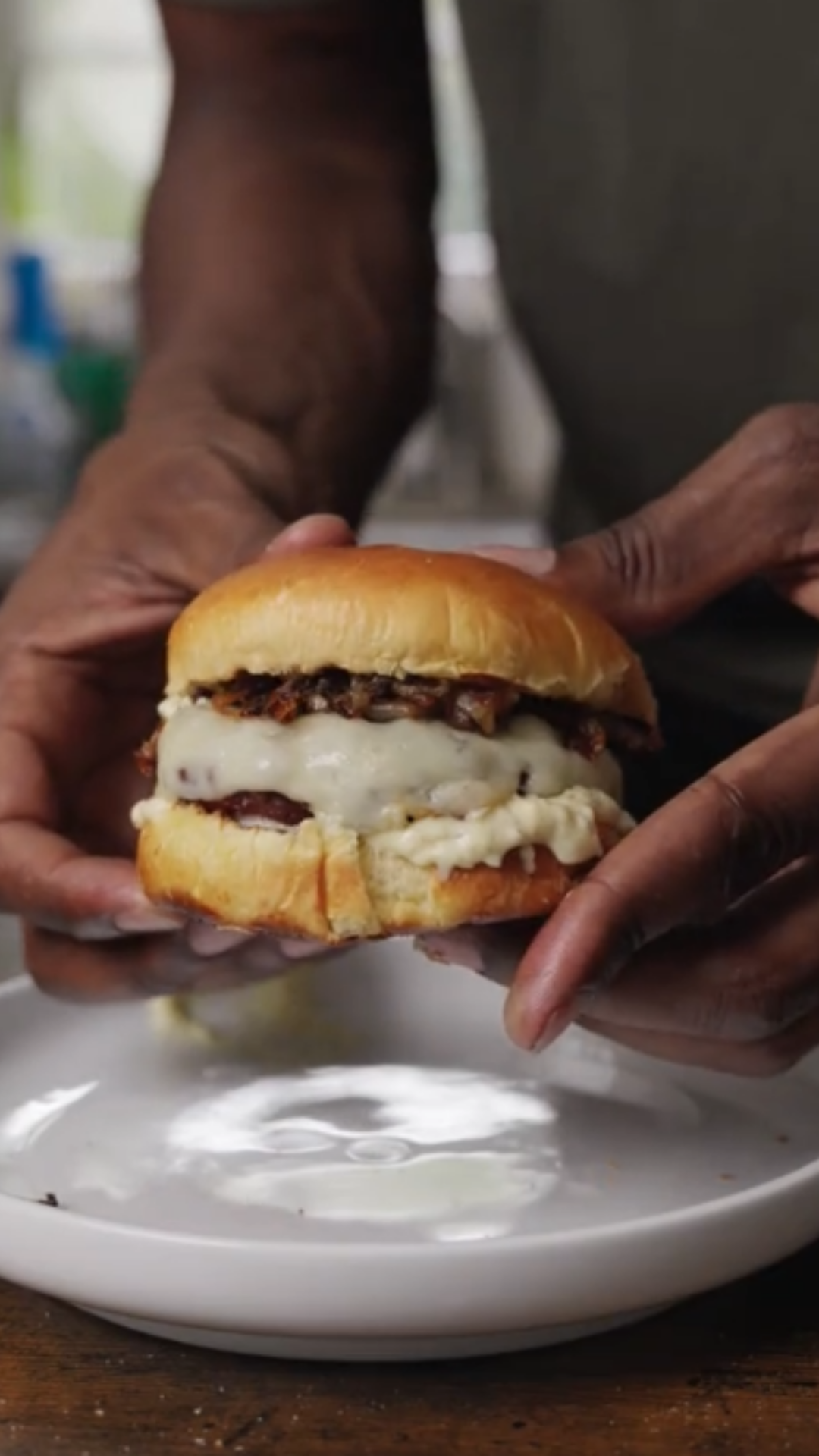 Juicy French onion burger topped with garlic parmesan aioli
