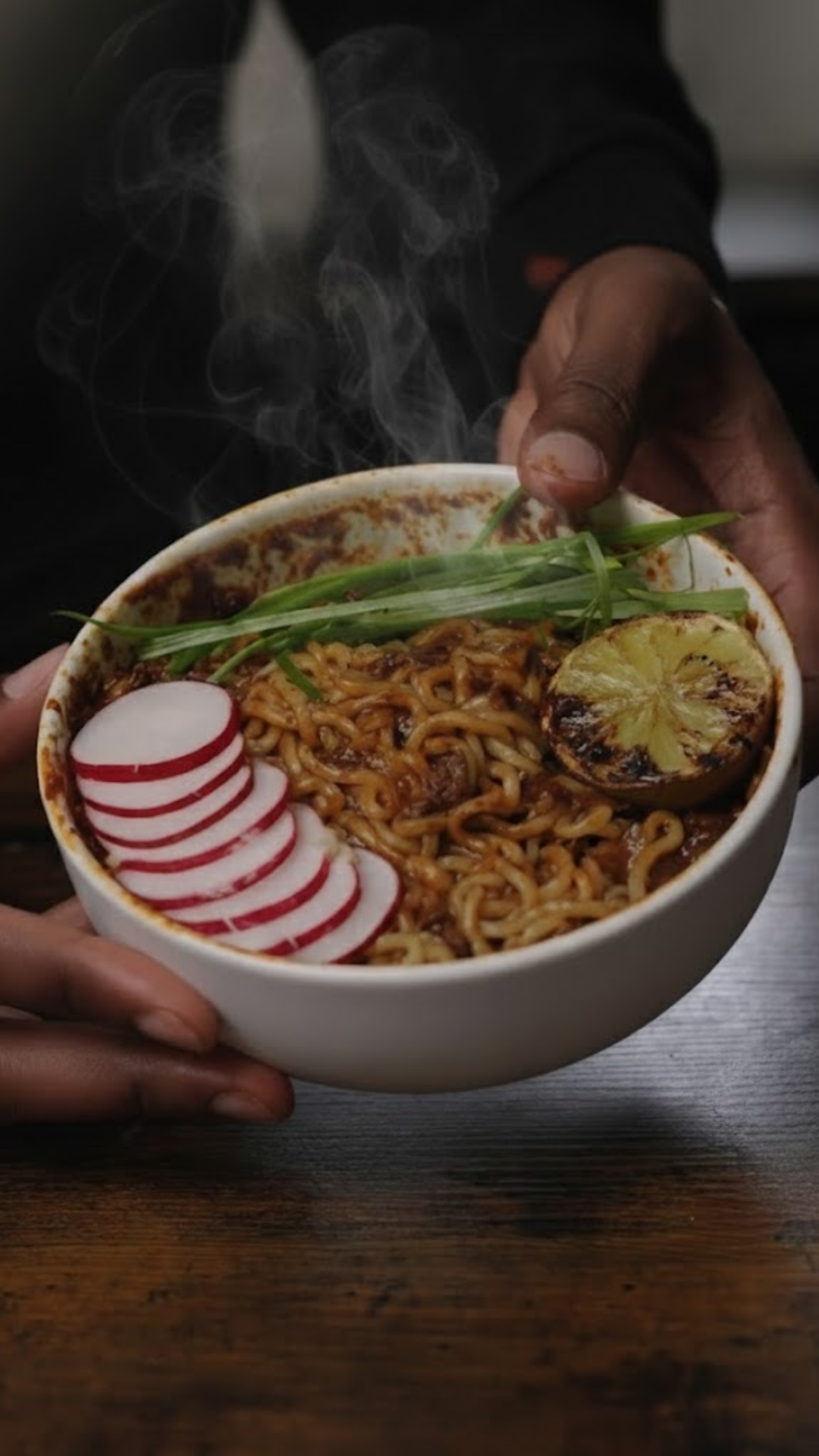 Tender chuck roast in smoky birria broth over ramen noodles