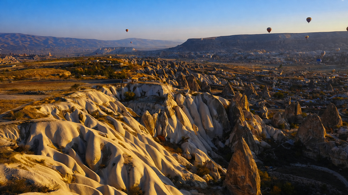 Hot air balloons over Cappadocia landscape
