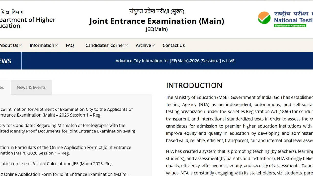 JEE Main 2026 city slip released on jeemain.nta.nic.in; direct link