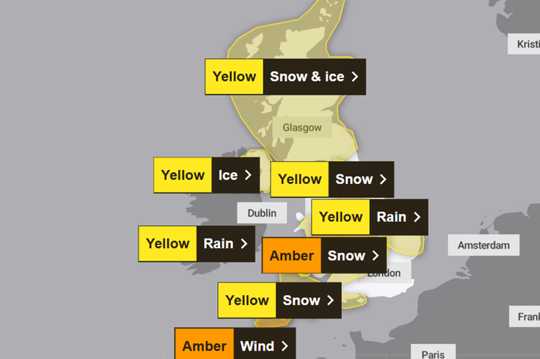 Amber and yellow 'risk to life' warnings for 30cm snow and 90mph wind