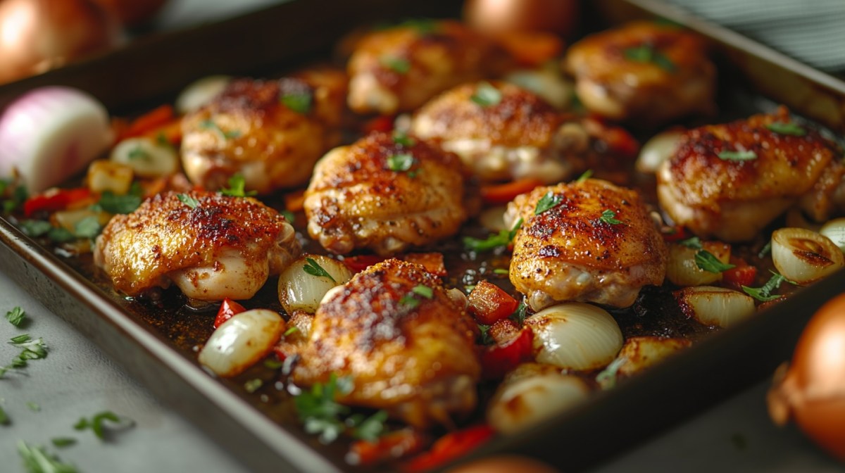 Hähnchenschenkel mit Kartoffelspalten und Paprika vom Blech