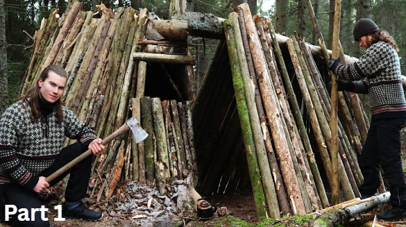 Primitive log cabin construction with a fireplace inside part 1