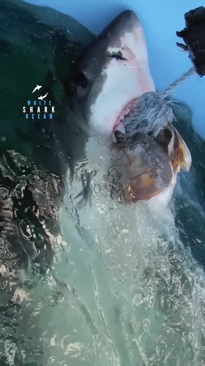 Great white shark won't let the bait go