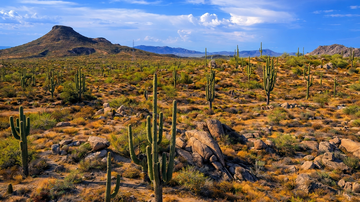Desierto de cactus bajo el cielo azul