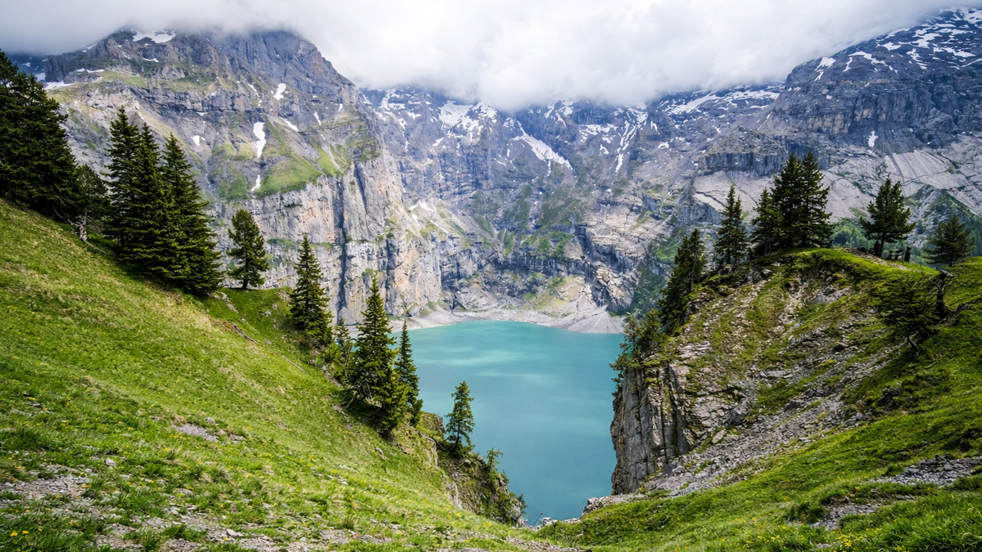 Hiking around Oeschinensee Switzerland alpine lake (4K)