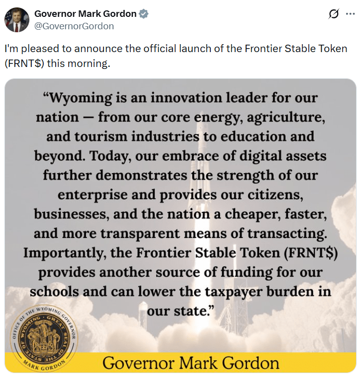 Wyoming rolls out state-backed FRNT stablecoin to the public