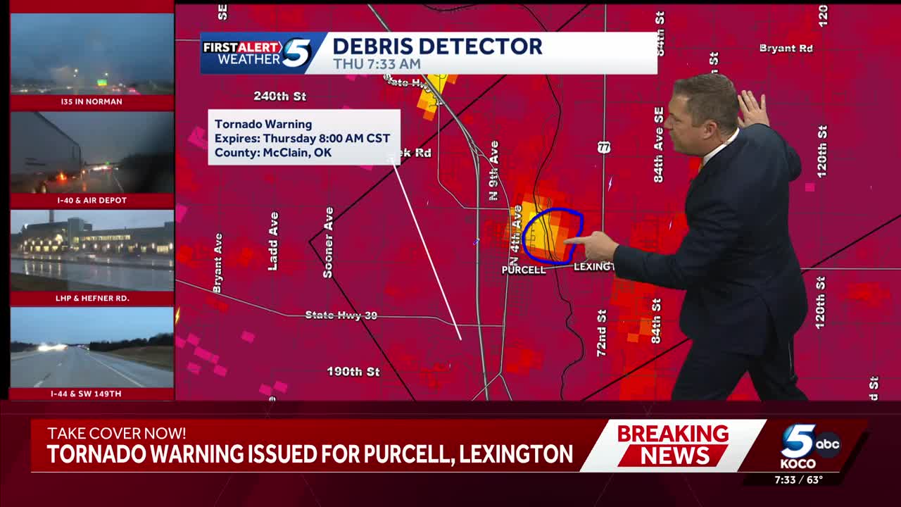 Radar confirms tornado debris near Purcell amid severe storms in Oklahoma