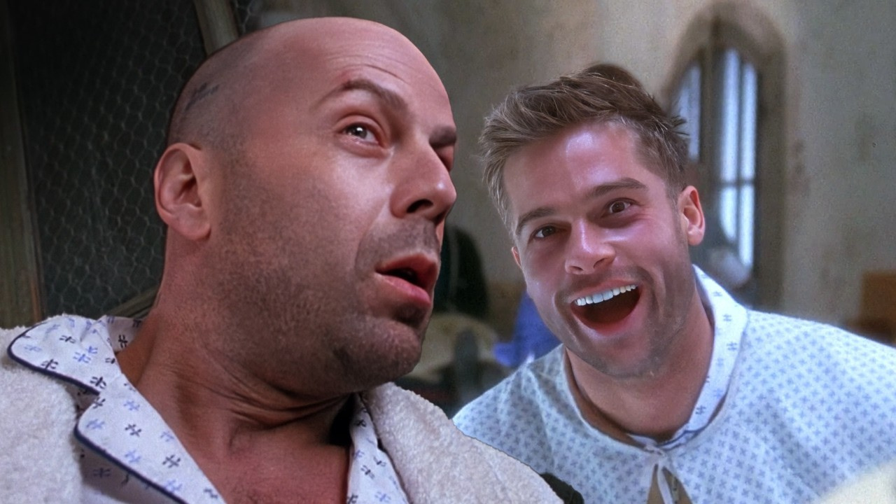 Jeffrey helps Cole escape the asylum 12 Monkeys (Bruce Willis, Brad Pitt)