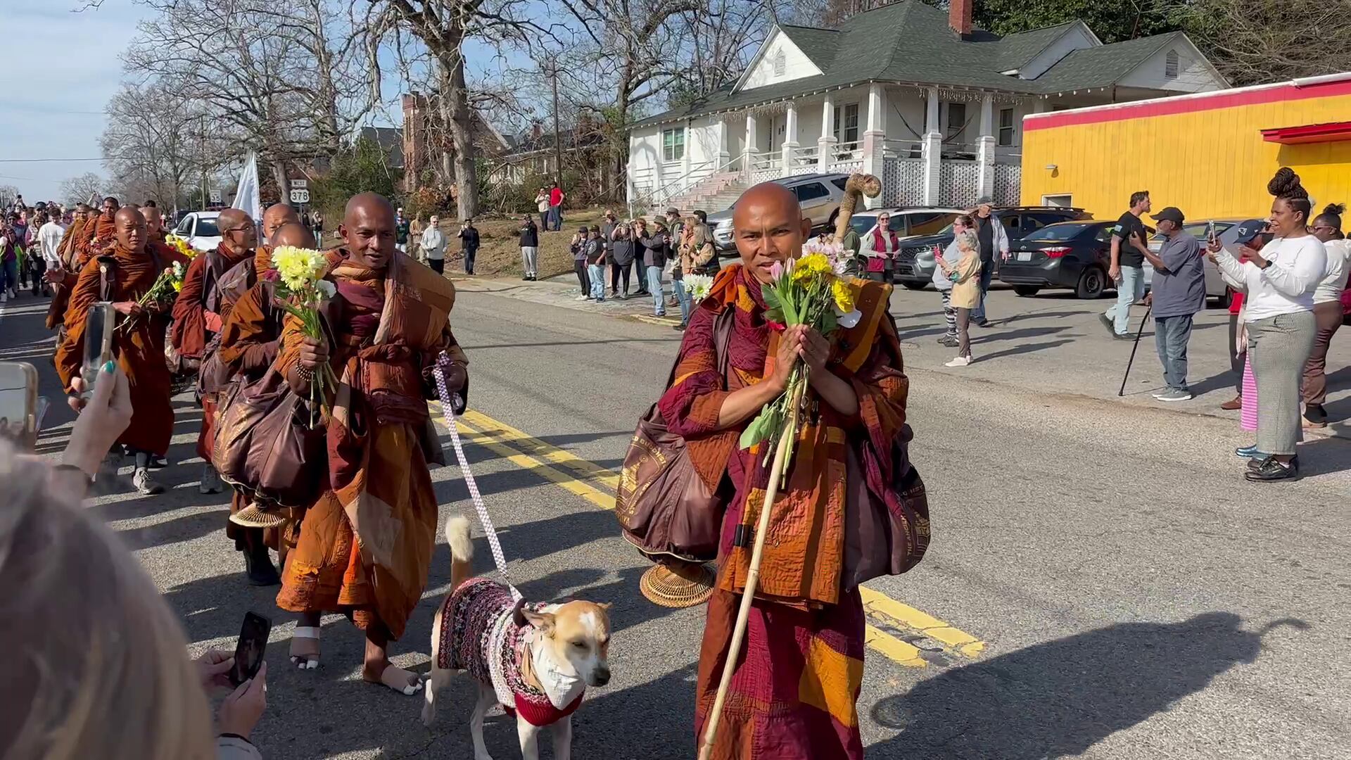 Watch: Monks on peace walk pass through Saluda, make way toward Columbia