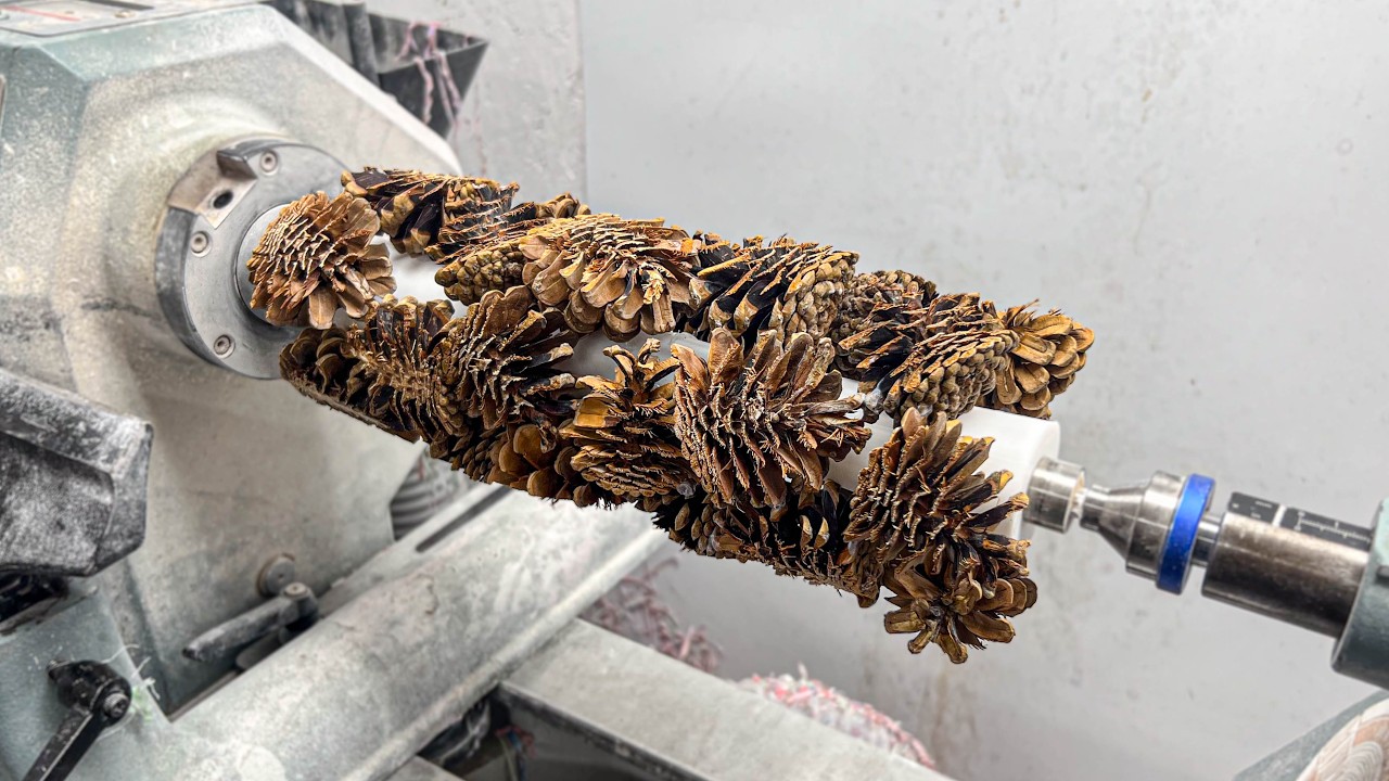 Woodturning pinecones in epoxy resin into a functional vase