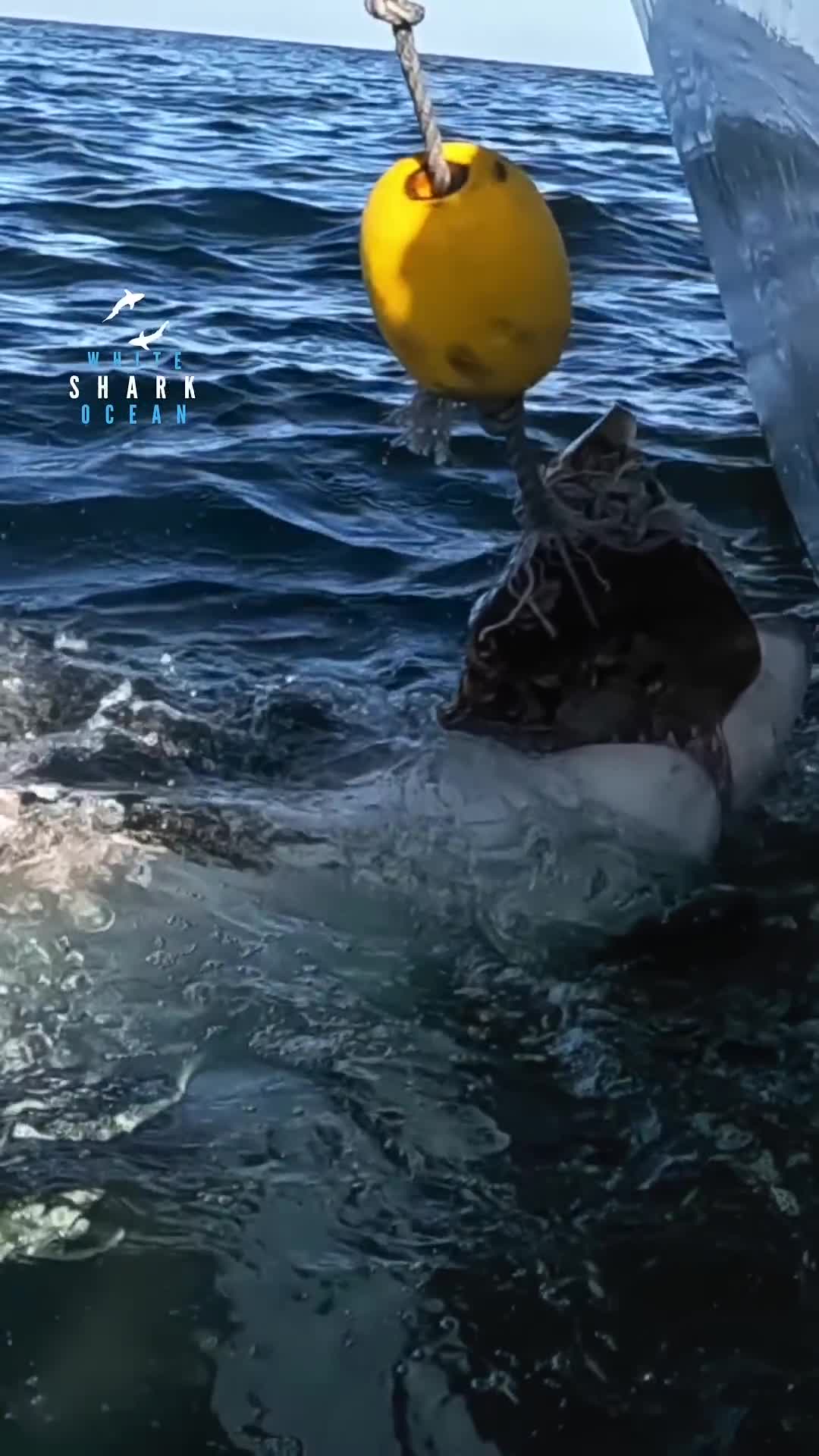 Great white shark tears chunks off the bait