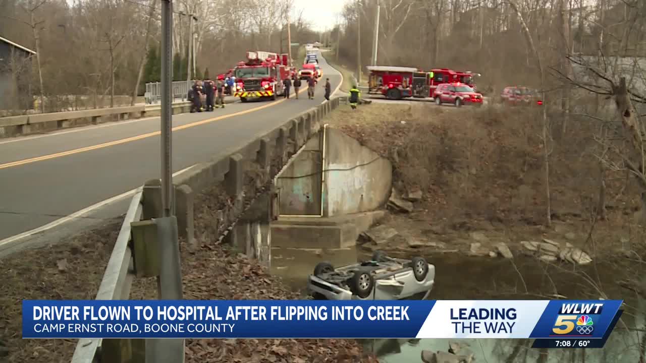 Driver flown to hospital after crashing, flipping into creek in Burlington