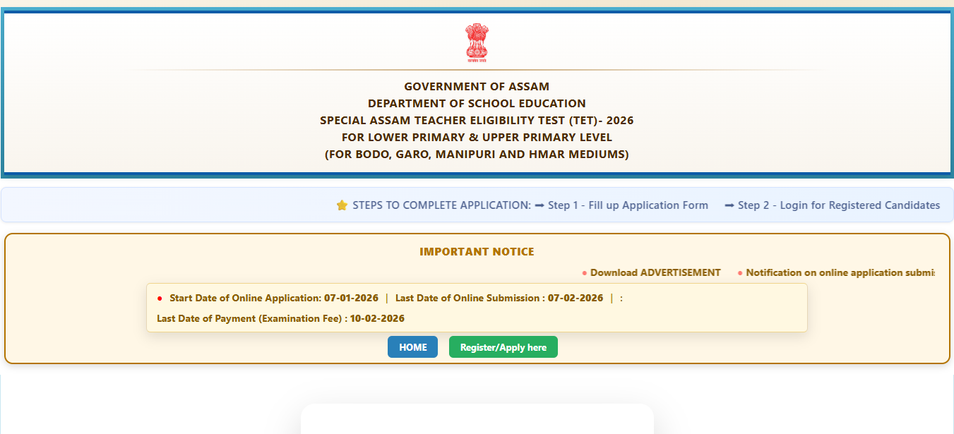 Special Assam TET 2026 notification released for lower and upper ...