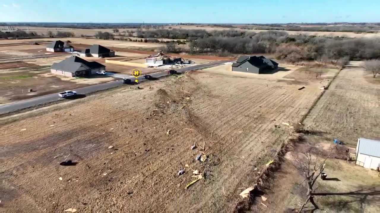 Path of damage left behind after tornado hit Purcell early Thursday