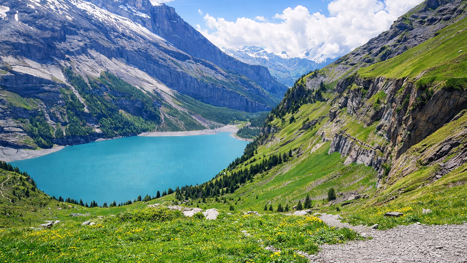 Hiking the Oeschinensee trail in the Swiss Alps (4K)