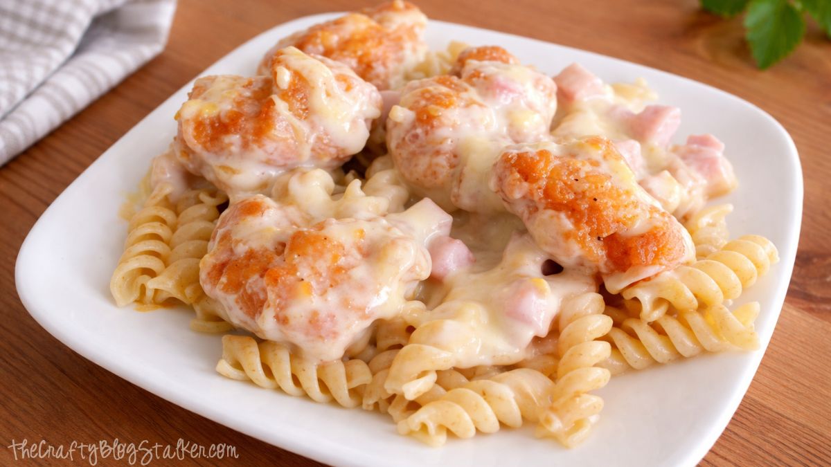 Creamy chicken nugget casserole cordon bleu style
