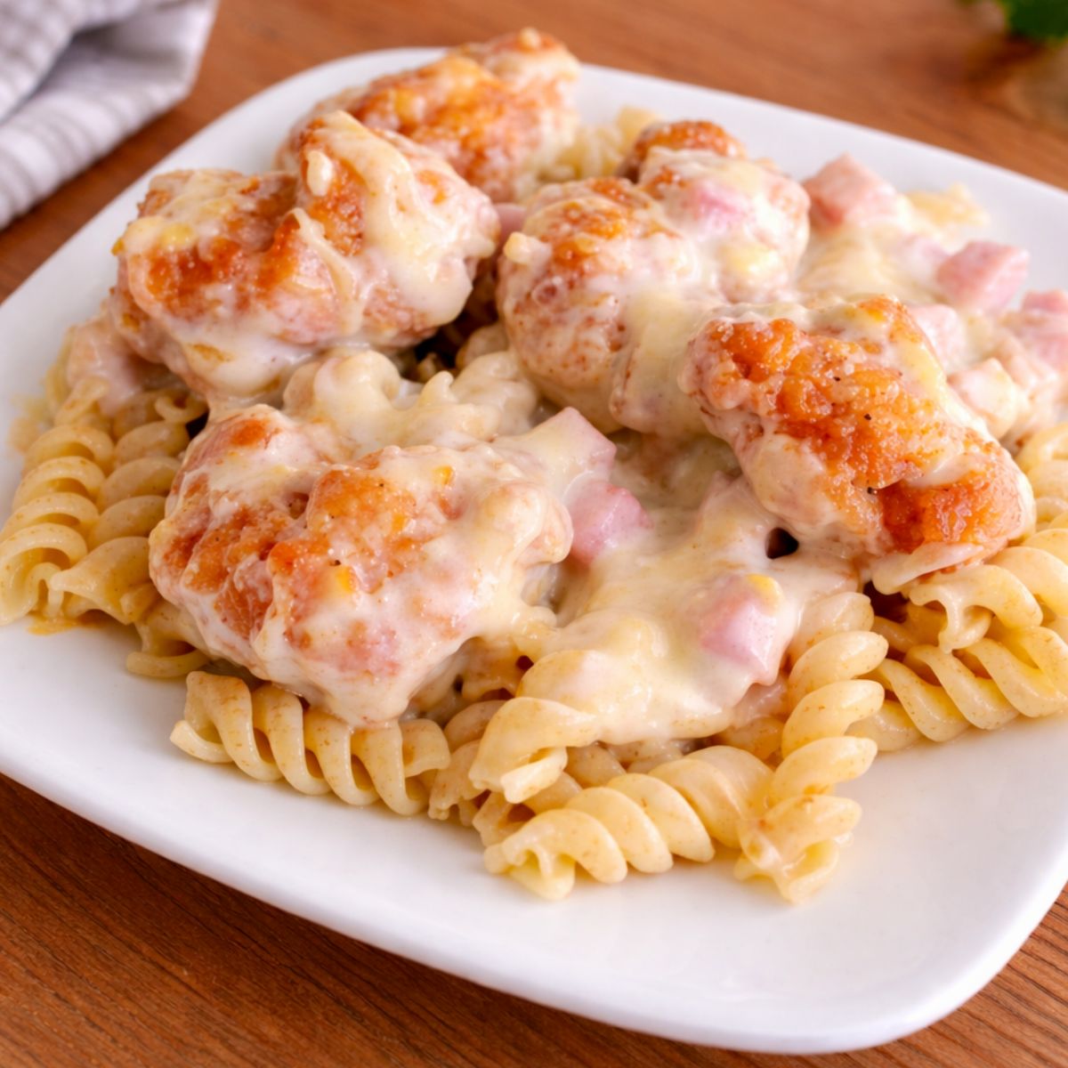 Creamy chicken nugget casserole cordon bleu style