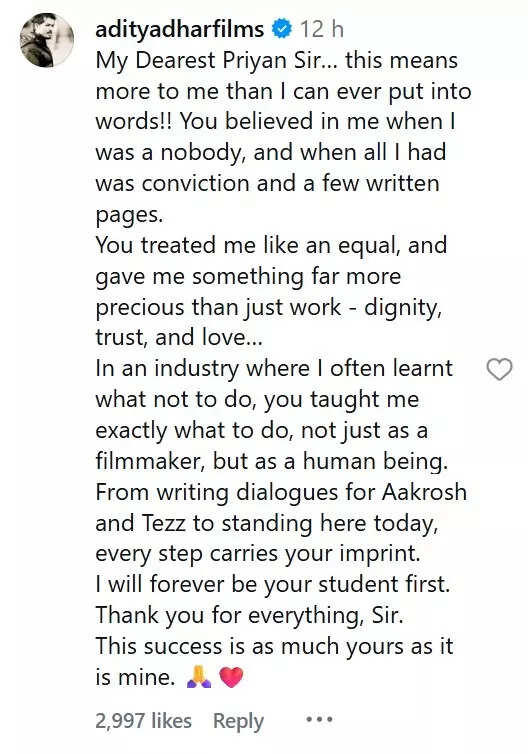 Priyadarshan lauds Aditya Dhar for 'Dhurandhar', saying, 'No greater ...