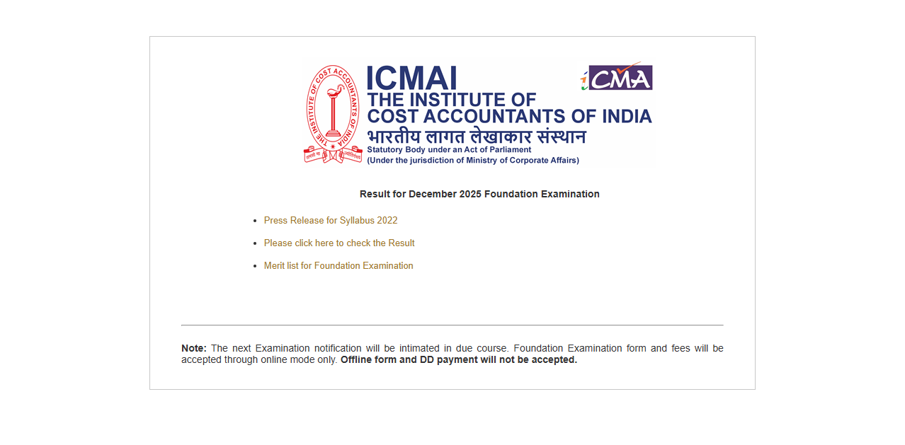 ICMAI CMA Foundation December 2025 result declared: Direct link to ...