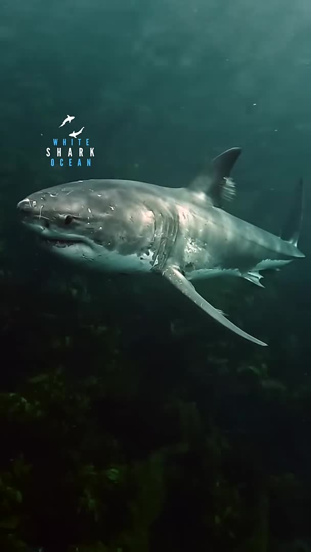 Scarred great white shark coming off the bottom into the current