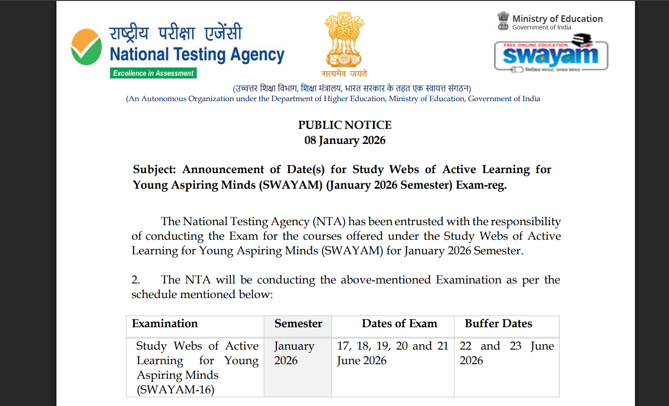 NTA SWAYAM 2026 exam dates released at exams.nta.nic.in: Check schedule ...