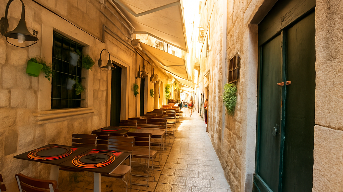 Dubrovnik old town alley with hidden cafés