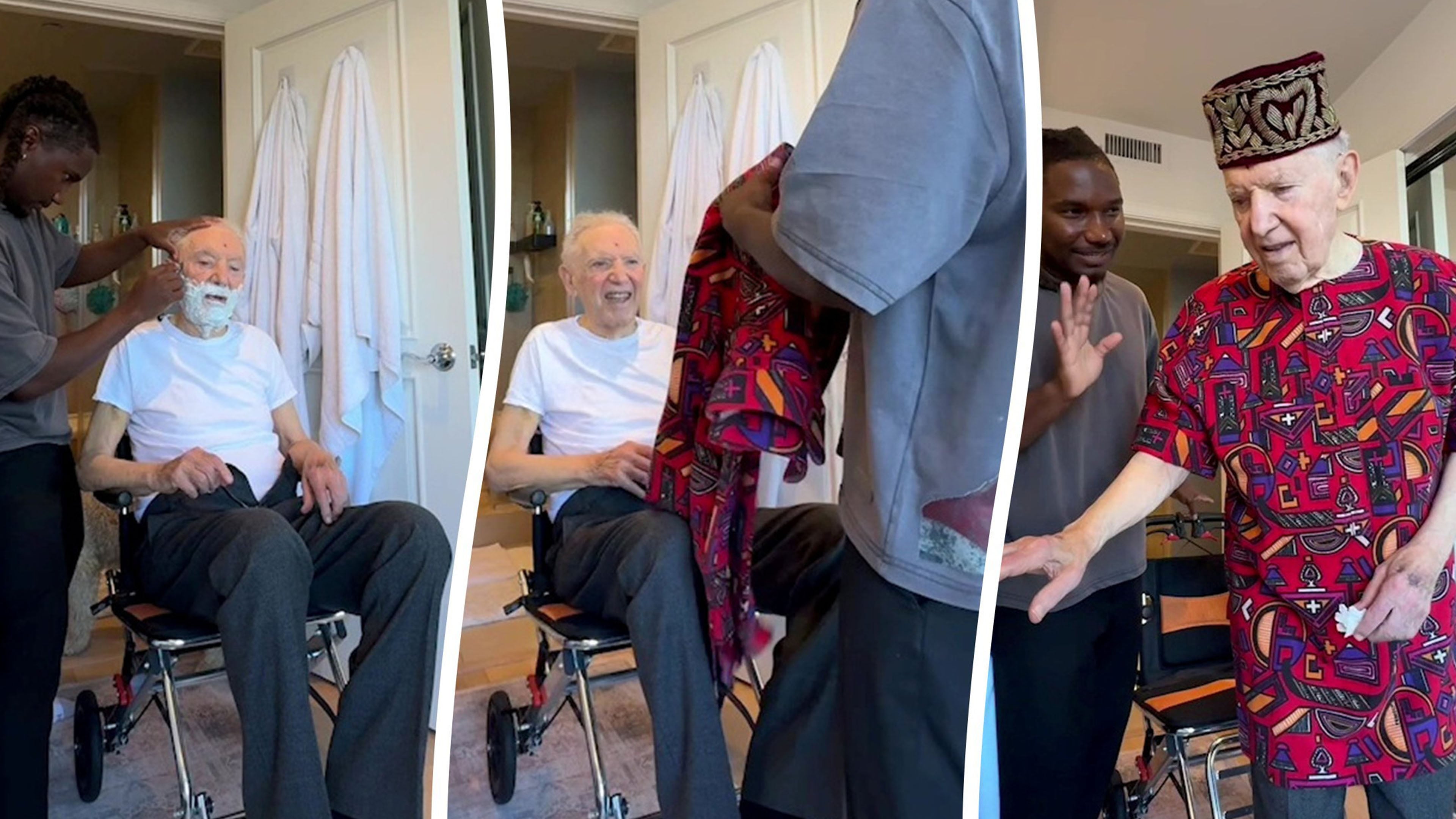 Pfleger kleidet Patient in seine traditionelle nigerianische Tracht