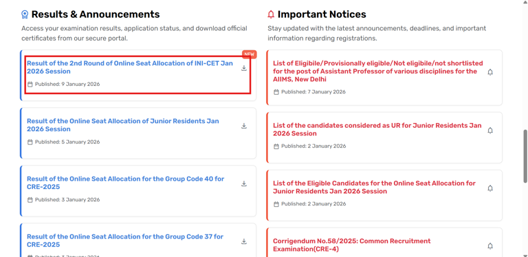 AIIMS INI CET January 2026 counselling round 2 seat allotment result ...