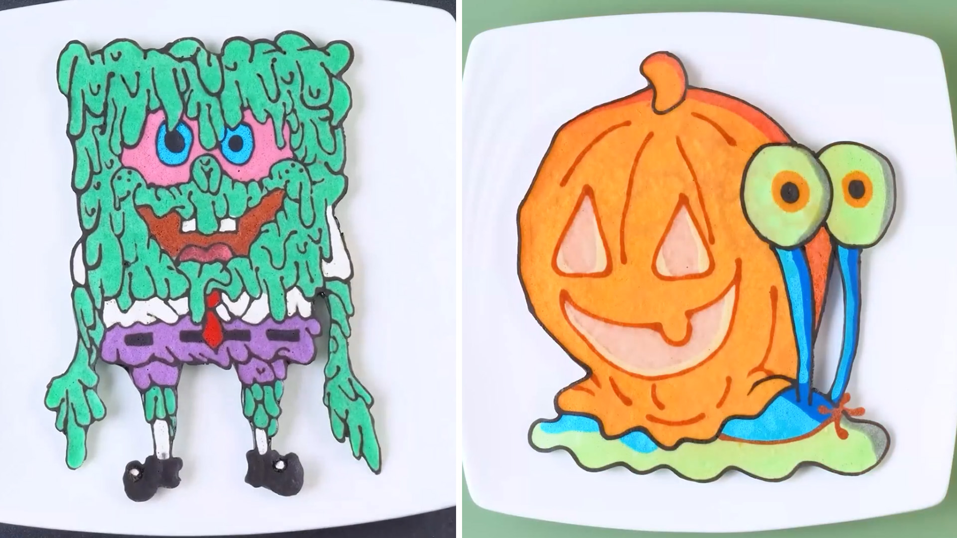 Spooky SpongeBob and pumpkin Gary in cookie form