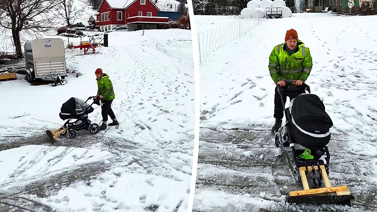 Genius idea – dad builds snowplow for stroller