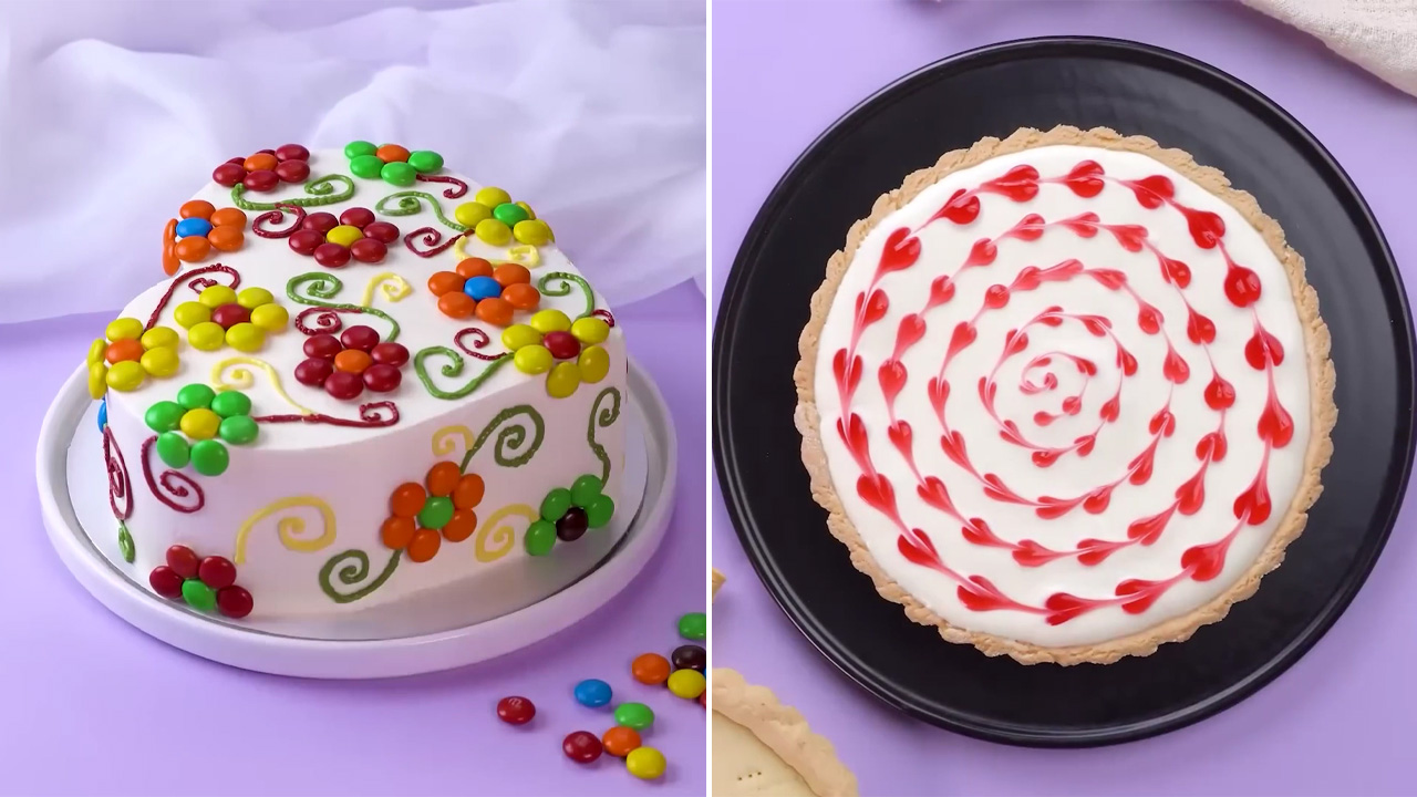 Decorated candy cake and spiral cream tart