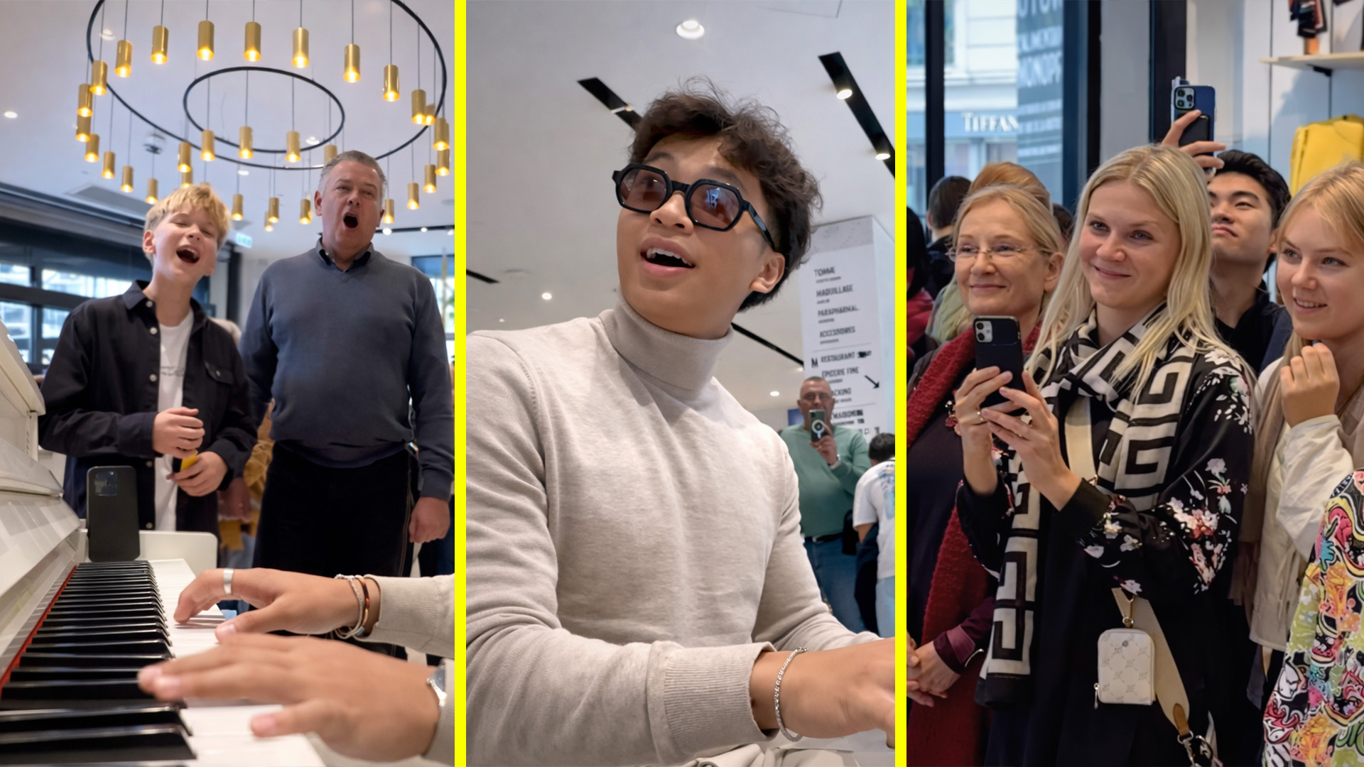 Grandpa and grandson sing together in public