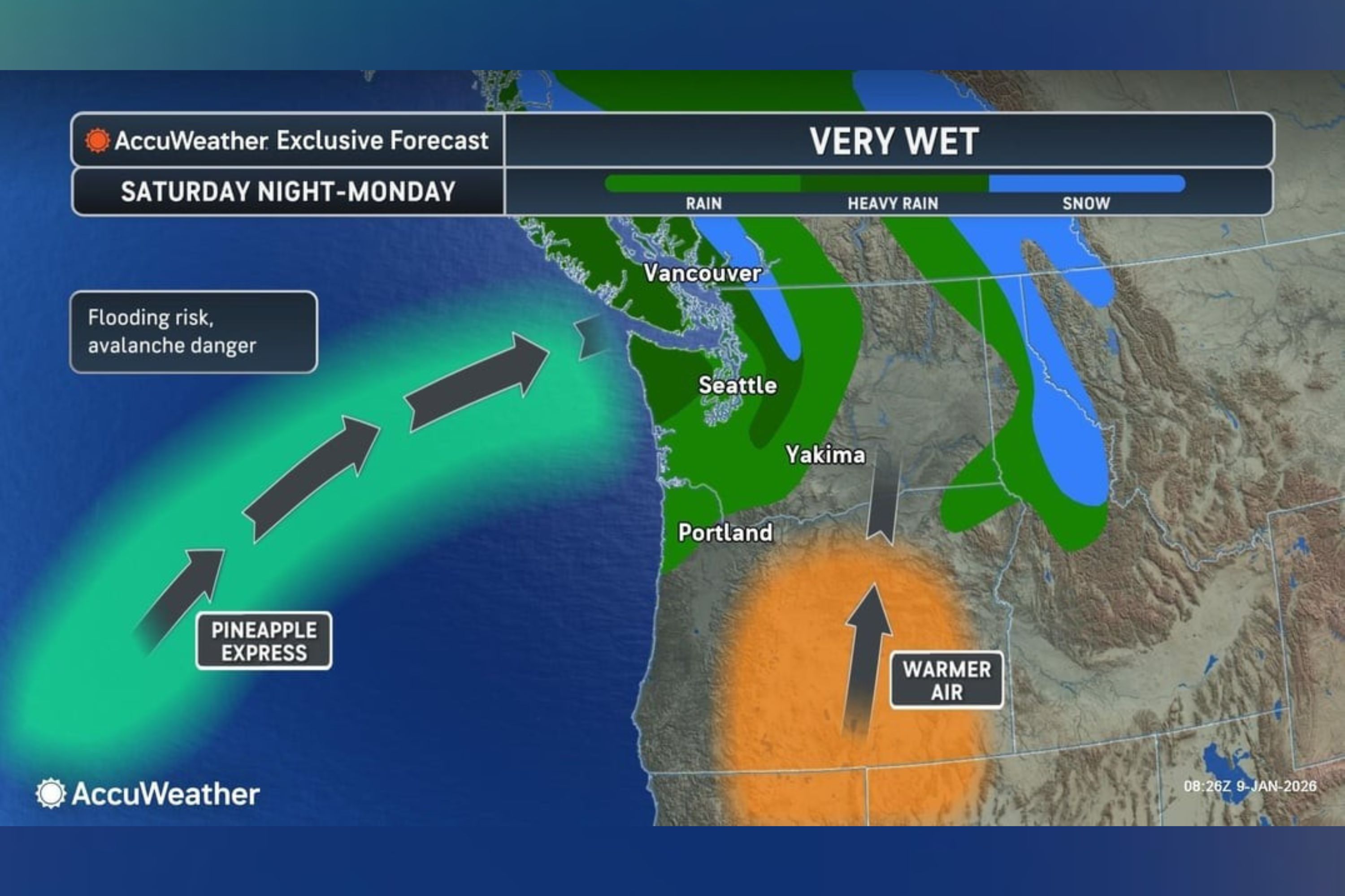 Atmospheric river map shows states facing heavy rain, avalanches possible