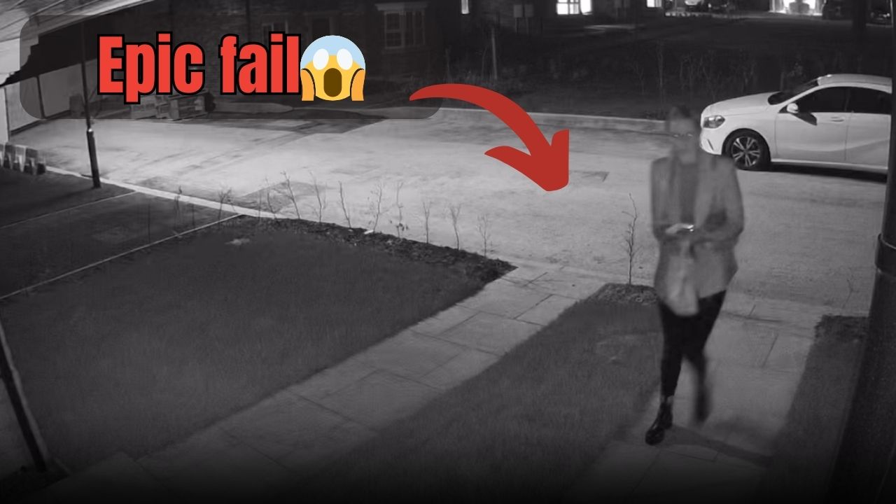 Man loses footing at front door and wife is not amused