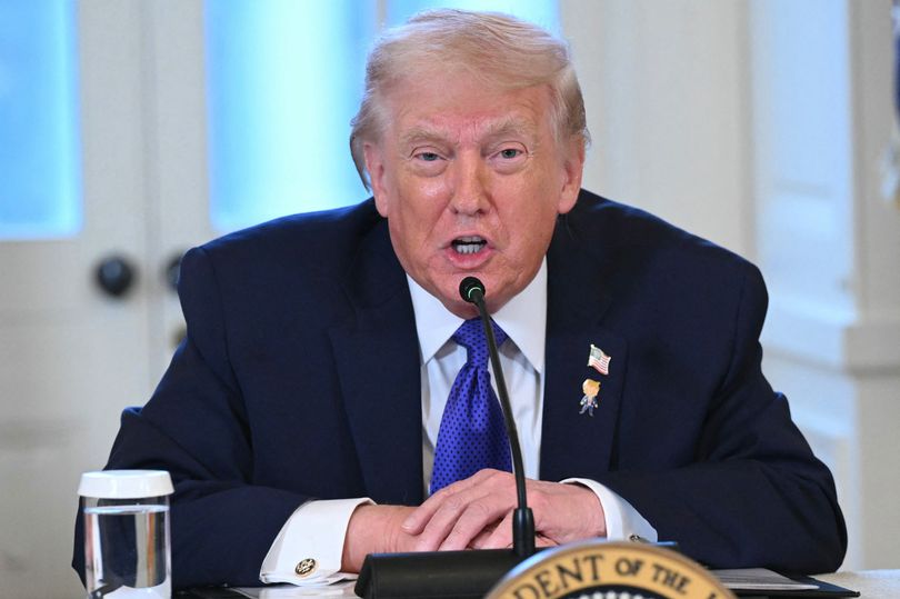 Donald Trump wears cartoon badge of himself while meeting oil ...