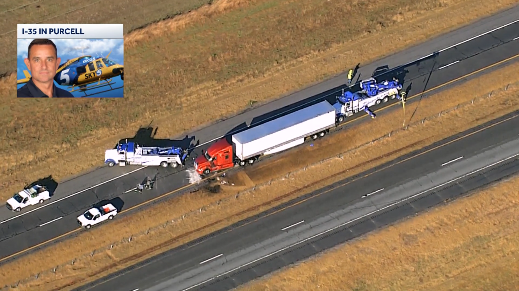 Tornado flips semitrailer on I-35 near Purcell