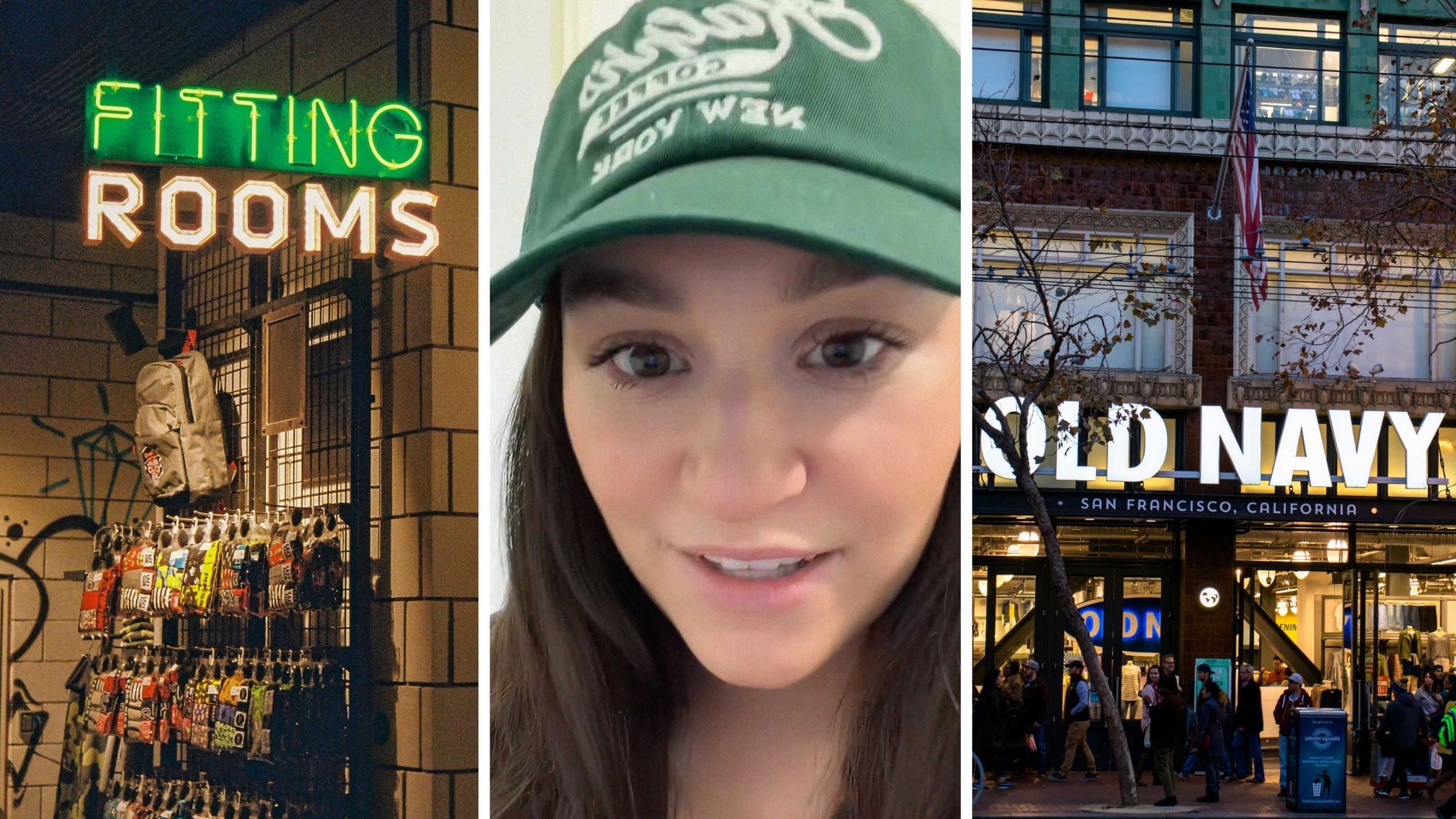 Woman goes into the fitting room at Old Navy. Then she puts her stuff ...