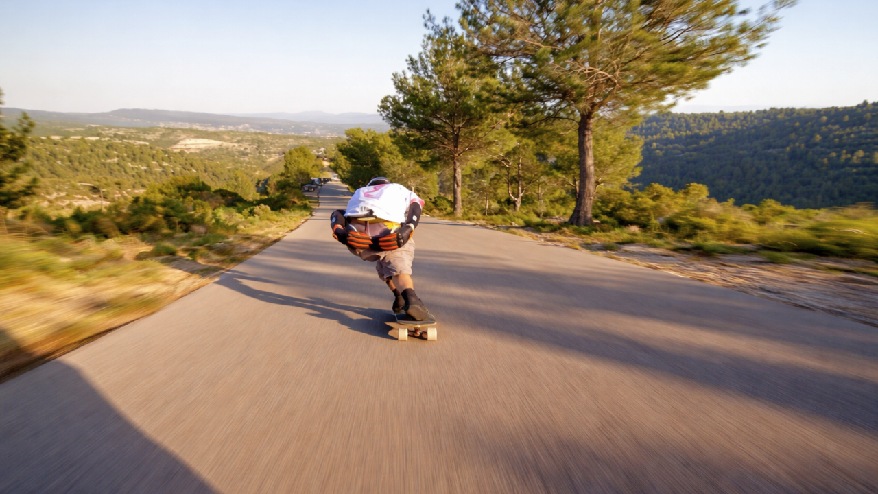 Descente en skateboard sur une route très raide du sud