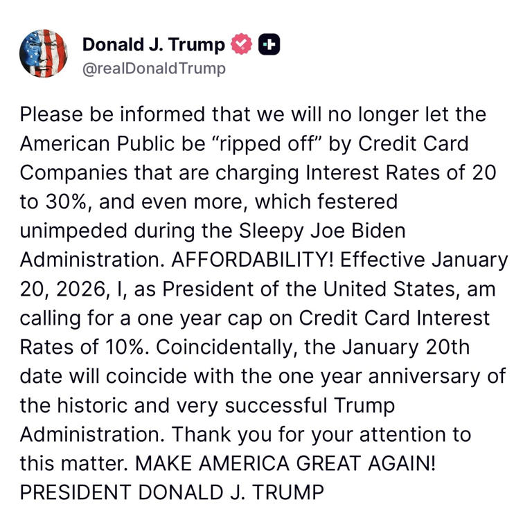 Trump proposes 10% cap on credit card interest rates from January 20 ...