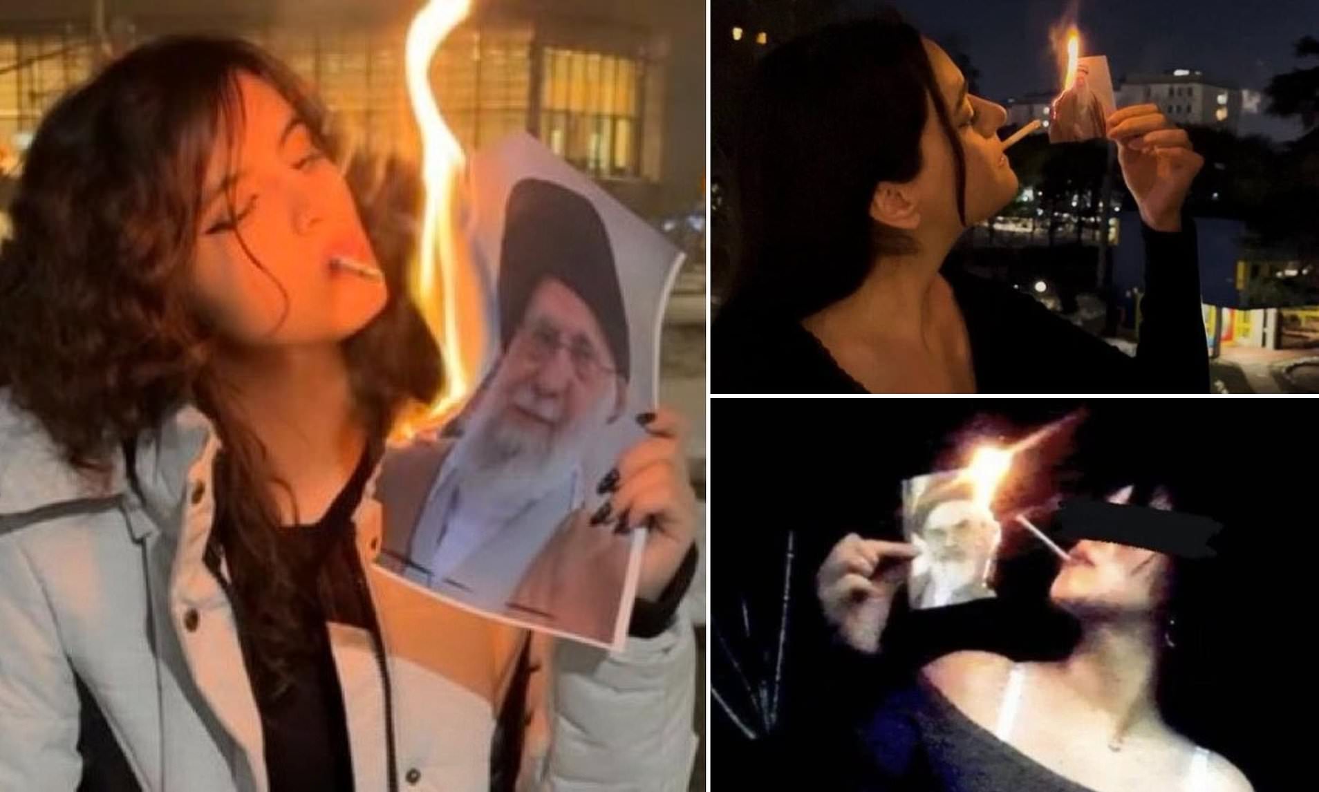 Iranian women light cigarettes by burning photos of Ayatollah Khamenei