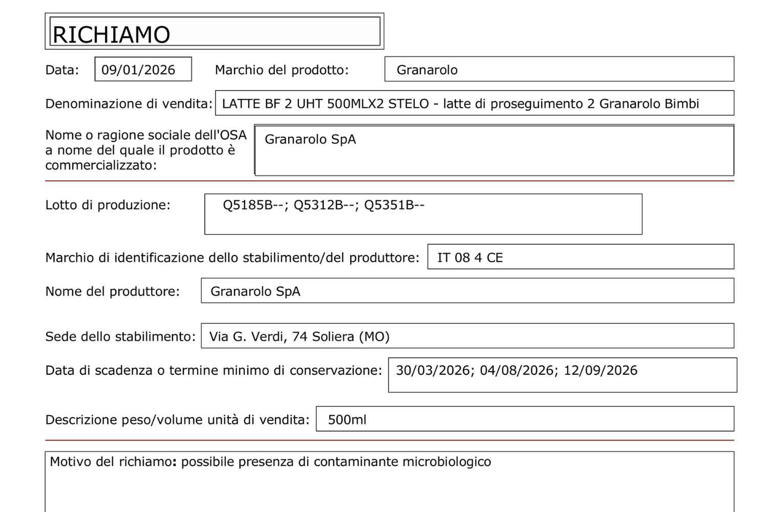 Richiamo latte Granarolo per neonati: tre lotti ritirati per rischio ...