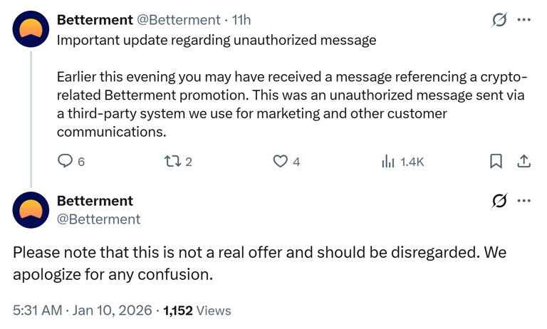 Betterment urges users to ignore 'unauthorized' crypto promotion message