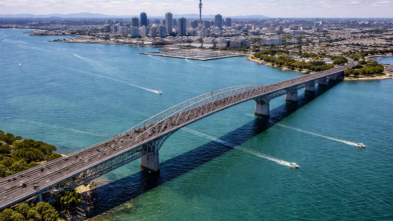 Auckland Harbour Bridge from above over city skyline