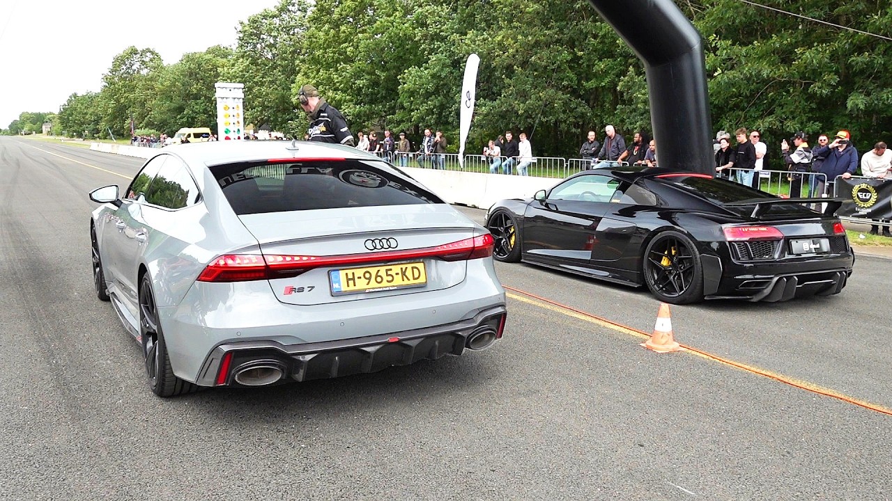 Audi RS7 affronte R8 et BMW M5 en course d'accélération